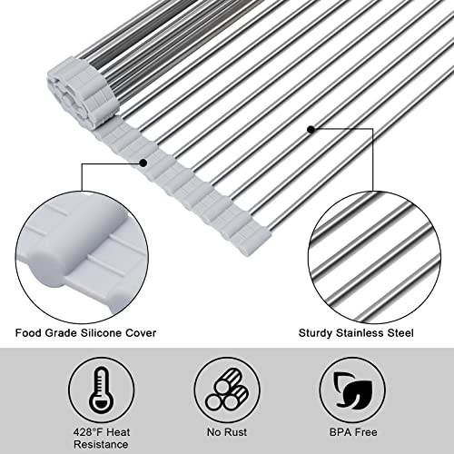 Elyum Dish Drying Rack Over The Sink Dish Drying Rack Stainless Steel Roll Up Dish Drying Rack Foldable Dish Rack for Kitchen Counter Dishes Cups Bottles Fruits Forks (17.7” x 10.2”, Gray)