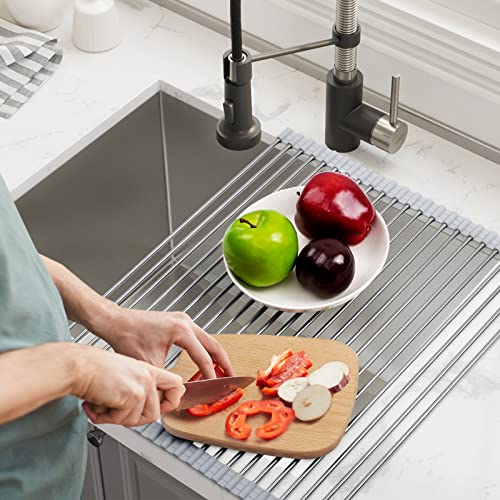 Elyum Dish Drying Rack Over The Sink Dish Drying Rack Stainless Steel Roll Up Dish Drying Rack Foldable Dish Rack for Kitchen Counter Dishes Cups Bottles Fruits Forks (17.7” x 10.2”, Gray)