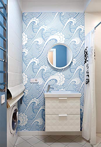 Cute Sea Waves Adhesive Shelf Liner Peel & Stick Dresser Drawer Sticker Cabinet Sticker Furniture Contact Paper, 17.7 Inch by 9.8 Feet (17.7 Inch by 9.8 Ft, Blue/White)