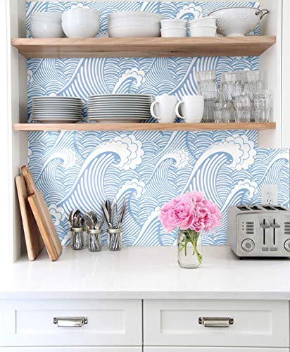 Cute Sea Waves Adhesive Shelf Liner Peel & Stick Dresser Drawer Sticker Cabinet Sticker Furniture Contact Paper, 17.7 Inch by 9.8 Feet (17.7 Inch by 9.8 Ft, Blue/White)