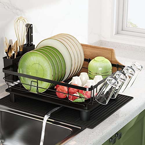 BOOSINY Dish Rack with Drainboard Set, Stainless Steel Dish Drainer for Kitchen Counter, Dish Racks with Utensil Holder, Cup Holder, Cutting-Board Holder and Extra Drying Mat (Black)