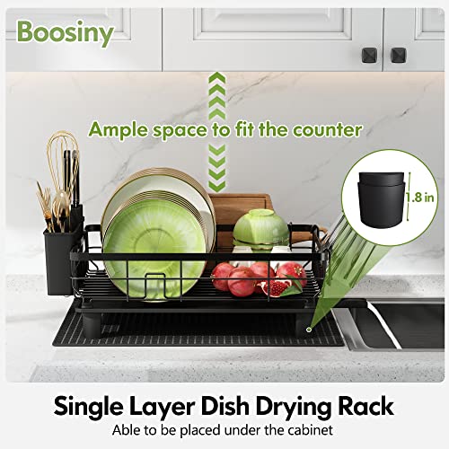 BOOSINY Dish Rack with Drainboard Set, Stainless Steel Dish Drainer for Kitchen Counter, Dish Racks with Utensil Holder, Cup Holder, Cutting-Board Holder and Extra Drying Mat (Black)