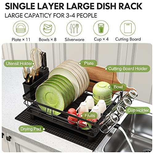 BOOSINY Dish Rack with Drainboard Set, Stainless Steel Dish Drainer for Kitchen Counter, Dish Racks with Utensil Holder, Cup Holder, Cutting-Board Holder and Extra Drying Mat (Black)