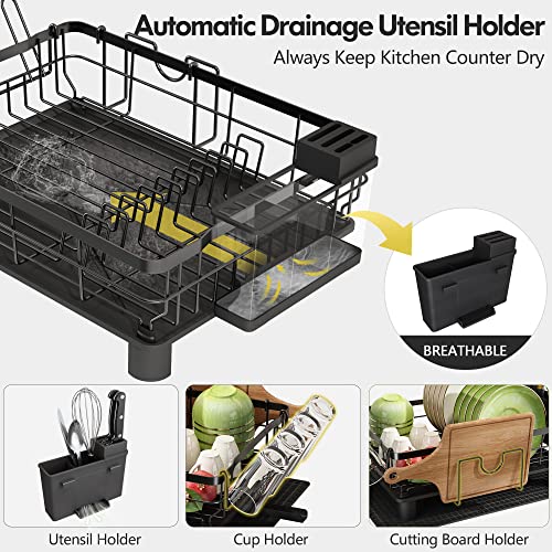 BOOSINY Dish Rack with Drainboard Set, Stainless Steel Dish Drainer for Kitchen Counter, Dish Racks with Utensil Holder, Cup Holder, Cutting-Board Holder and Extra Drying Mat (Black)