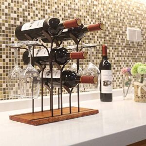 Tabletop Wood Wine Holder, Countertop Wine Rack, Hold 4 Wine Bottles and 4 Glasses, Perfect for Home Decor & Kitchen Storage Rack, Bar, Wine Cellar, Cabinet, Pantry, etc, Wood & Metal (Bronze)