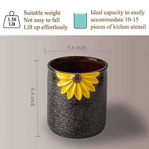 Utensil Crock, Kitchen Utensil Holder, Ceramic Utensil Holder for Countertop, Cooking Utensil Holder for Kitchen Sunflower Decor Large Kitchen Spatula Holder