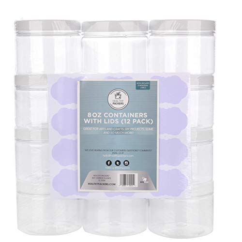 Slime Containers with Water-tight Lids (8 oz, 12 Pack) - Clear Plastic Food Storage Jars with Individual Labels- Great for your slime kit - BPA Free