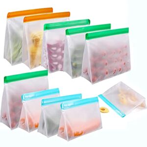 reusable ziplock bags silicone, 10 pack reusable freezer bags leakproof, seal reusable snack bags for kids – 2 gallon + 4 sandwich + 4 snack bags for food storage meat fruit cereal | bpa free