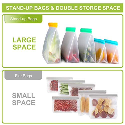 Reusable Ziplock Bags Silicone, 10 Pack Reusable Freezer Bags LeakProof, Seal Reusable Snack Bags for Kids - 2 Gallon + 4 Sandwich + 4 Snack Bags for Food Storage Meat Fruit Cereal | BPA Free