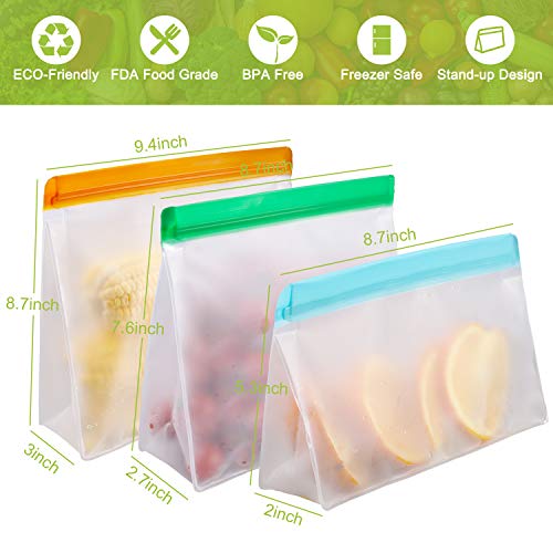 Reusable Ziplock Bags Silicone, 10 Pack Reusable Freezer Bags LeakProof, Seal Reusable Snack Bags for Kids - 2 Gallon + 4 Sandwich + 4 Snack Bags for Food Storage Meat Fruit Cereal | BPA Free