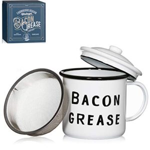 Bacon Grease Container with strainer - rustic mid-century modern farmhouse design, white enamel on metal, 4 inch x 4 inch vintage enamelware with lid (Black)