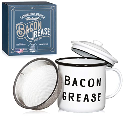 Bacon Grease Container with strainer - rustic mid-century modern farmhouse design, white enamel on metal, 4 inch x 4 inch vintage enamelware with lid (Black)