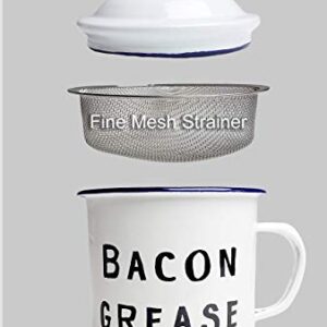 Bacon Grease Container with strainer - rustic mid-century modern farmhouse design, white enamel on metal, 4 inch x 4 inch vintage enamelware with lid (Black)