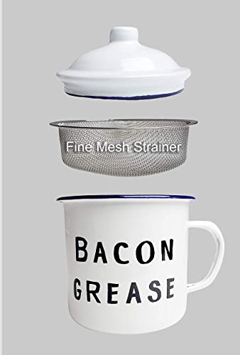 Bacon Grease Container with strainer - rustic mid-century modern farmhouse design, white enamel on metal, 4 inch x 4 inch vintage enamelware with lid (Black)