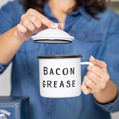 Bacon Grease Container with strainer - rustic mid-century modern farmhouse design, white enamel on metal, 4 inch x 4 inch vintage enamelware with lid (Black)