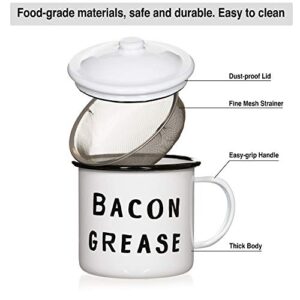 Bacon Grease Container with strainer - rustic mid-century modern farmhouse design, white enamel on metal, 4 inch x 4 inch vintage enamelware with lid (Black)