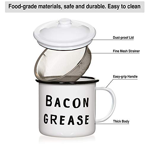 Bacon Grease Container with strainer - rustic mid-century modern farmhouse design, white enamel on metal, 4 inch x 4 inch vintage enamelware with lid (Black)