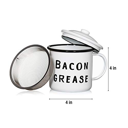 Bacon Grease Container with strainer - rustic mid-century modern farmhouse design, white enamel on metal, 4 inch x 4 inch vintage enamelware with lid (Black)