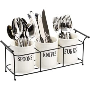 bekith 3-piece white ceramic silverware caddy with black metal rack, utensil holder flatware caddy cutlery storage organizer for kitchen table, cabinet or pantry