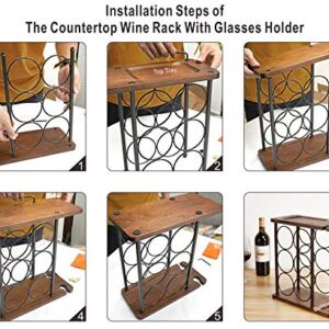 ALLCENER Wine Rack with Glass Holder, Countertop Wine Rack, Wooden Wine Holder with Tray, Perfect for Home Decor & Kitchen Storage Rack etc (Hold 6 Bottles and 2 Glasses )