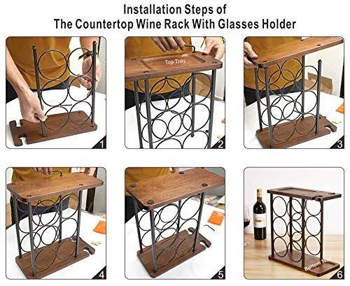 ALLCENER Wine Rack with Glass Holder, Countertop Wine Rack, Wooden Wine Holder with Tray, Perfect for Home Decor & Kitchen Storage Rack etc (Hold 6 Bottles and 2 Glasses )