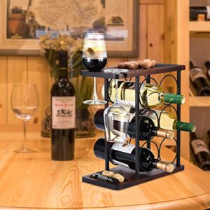 ALLCENER Wine Rack with Glass Holder, Countertop Wine Rack, Wooden Wine Holder with Tray, Perfect for Home Decor & Kitchen Storage Rack etc (Hold 6 Bottles and 2 Glasses )