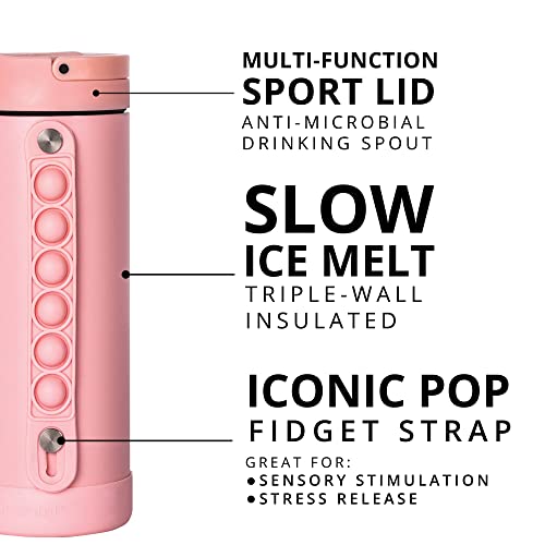 Elemental 14 oz Iconic Pop Fidget Water Bottles, Kids Bottles for School Girls and Boys, Triple Wall Vacuum Insulated Stainless Steel Leak Proof Kid Bottle with Straw Lid - Rose