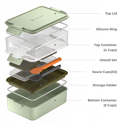 linoroso Stackable Bento Box Adult Lunch Box | Meet All You On-the-Go Needs for Food, Salad and Snack Box, Premium Bento Lunch Box for Adults Include Utensil Set, Dressing Containers - Pale Mint