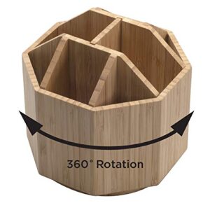 bamboo rotating utensil holder & kitchen organizer, multiple compartments, 8 sections, store forks, serving spoons, knives, and other cooking tools with removable divider for customized storage