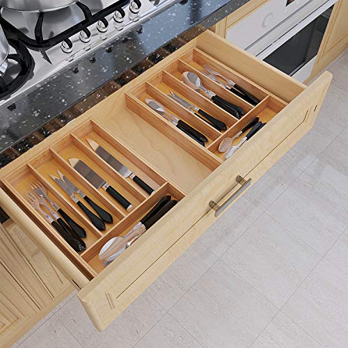 BAMEOS Utensil Drawer Organizer, Cutlery Tray Desk Drawer Organizer Silverware Holder Kitchen Knives Tray Drawer Organizer, 100% Pure Bamboo Cutlery in Natural Color (9.75)