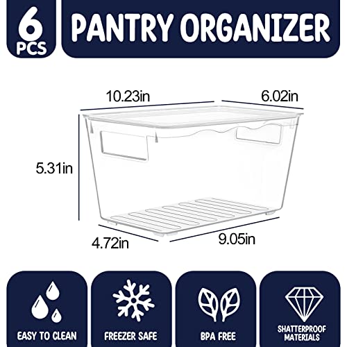 Plastic Storage Bin with Lids, ESARORA Stackable Clear Organizer Basket Bins with Handle for Fridge, Cabinet, Bedroom, Closet, Bathroom, Office, Kitchen & Pantry Organization, 6 PACK