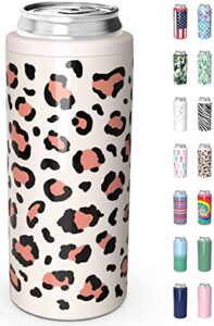 tiluck skinny can cooler for slim beer & hard seltzer, stainless steel, doucle-walled stainless steel insulated slim cans, standard 12 oz (leopard print)