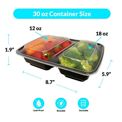 Reli. Meal Prep Containers, 30 oz. (50 Pack) - Black 2 Compartment Food Containers with Lids, Microwavable Food Storage Containers - Black Reusable Bento Box/Lunch Box Containers for Meal Prep (30 oz)