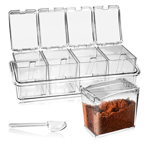 Faxco 4-Cell Clear Seasoning Rack Spice Box, Storage Container Condiment Jars Acrylic Seasoning Box with Cover and Spoon