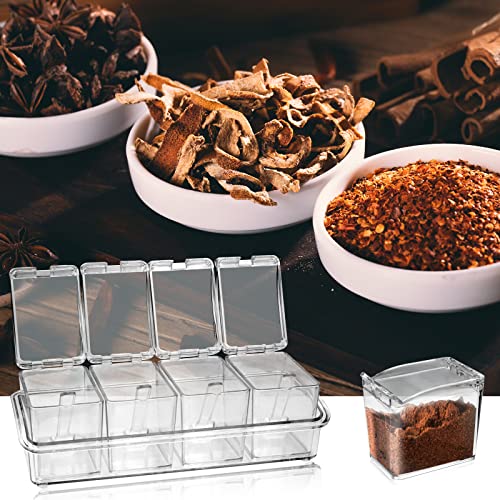 Faxco 4-Cell Clear Seasoning Rack Spice Box, Storage Container Condiment Jars Acrylic Seasoning Box with Cover and Spoon