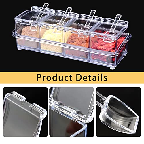 Faxco 4-Cell Clear Seasoning Rack Spice Box, Storage Container Condiment Jars Acrylic Seasoning Box with Cover and Spoon