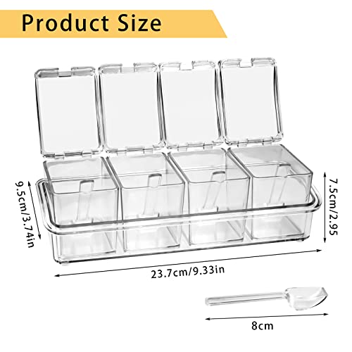 Faxco 4-Cell Clear Seasoning Rack Spice Box, Storage Container Condiment Jars Acrylic Seasoning Box with Cover and Spoon