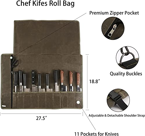 Knife Roll ,Chef’s Knife Roll Bag, Waxed Canvas Knife Cutlery Carrier, Portable Chef Knife Cases, Knife Roll Holders With 10 Slots Plus 1 Zipper Pockets Can Hold Home Kitchen Knife Tools Up To 18.8”