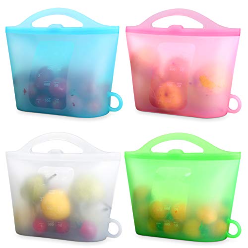 XUANMEIKE Silicone Food Storage Bags 4 Packs of Reusable Food Storage Bags(Upright)Suitable for Storage of Various Foods Freezing, Keeping Fresh, Cooking, Heating(Blue White Pink Green)