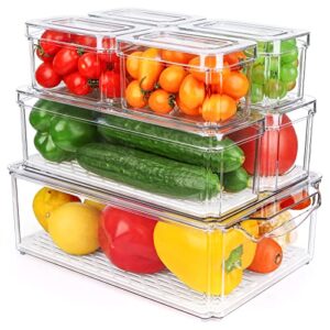 set of 7 fridge pantry organizer bins, 3 size stackable clear plastic refrigerator organizer bin with lids, bpa-free kitchen food organization and storage for fridge drinks, fruits, vegetable, cereals