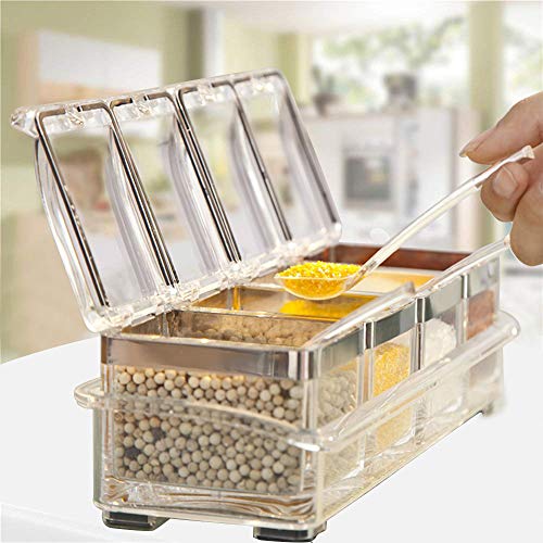 Aogist Kitchen Spice Pots 4 Pieces Clear Seasoning Box, Storage Container Condiment Jars Acrylic Seasoning Box with Cover and Spoon