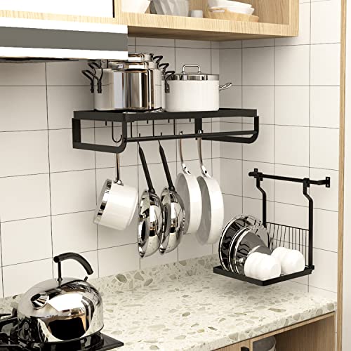 ETECHMART Hanging Pot Rack, 3 in 1 Wall Mounted Pan Holder with 10 Hooks, Heavy Duty Dish Rack Cookware Organizer, Kitchen Storage Shelf for Utensils, 2 Installation Way, Easy Assembly, Black