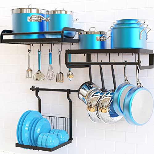 ETECHMART Hanging Pot Rack, 3 in 1 Wall Mounted Pan Holder with 10 Hooks, Heavy Duty Dish Rack Cookware Organizer, Kitchen Storage Shelf for Utensils, 2 Installation Way, Easy Assembly, Black