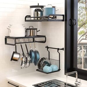 ETECHMART Hanging Pot Rack, 3 in 1 Wall Mounted Pan Holder with 10 Hooks, Heavy Duty Dish Rack Cookware Organizer, Kitchen Storage Shelf for Utensils, 2 Installation Way, Easy Assembly, Black