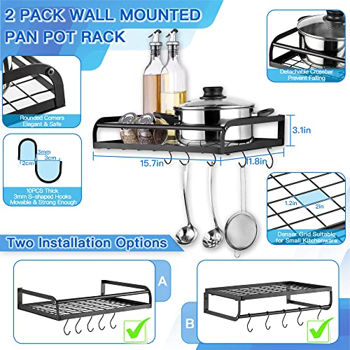 ETECHMART Hanging Pot Rack, 3 in 1 Wall Mounted Pan Holder with 10 Hooks, Heavy Duty Dish Rack Cookware Organizer, Kitchen Storage Shelf for Utensils, 2 Installation Way, Easy Assembly, Black