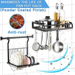 ETECHMART Hanging Pot Rack, 3 in 1 Wall Mounted Pan Holder with 10 Hooks, Heavy Duty Dish Rack Cookware Organizer, Kitchen Storage Shelf for Utensils, 2 Installation Way, Easy Assembly, Black