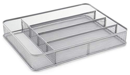 TQVAI Mesh Cutlery Tray 5 Compartments Kitchen Silverware Holder Utensil Flatware Organizer, Silver