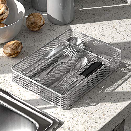 TQVAI Mesh Cutlery Tray 5 Compartments Kitchen Silverware Holder Utensil Flatware Organizer, Silver