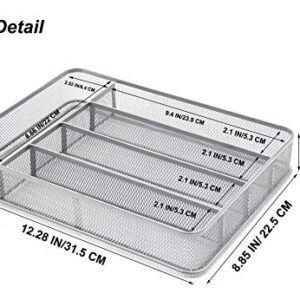 TQVAI Mesh Cutlery Tray 5 Compartments Kitchen Silverware Holder Utensil Flatware Organizer, Silver