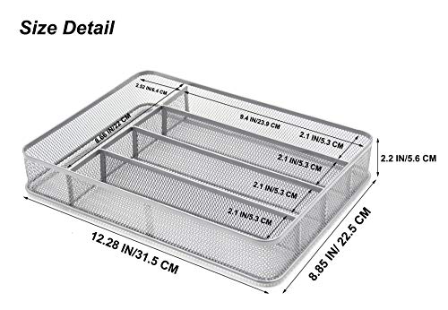 TQVAI Mesh Cutlery Tray 5 Compartments Kitchen Silverware Holder Utensil Flatware Organizer, Silver